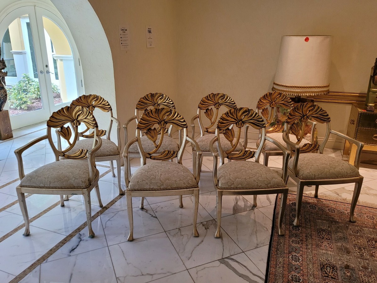 EIGHT VINTAGE 70 S ITALIAN SILVER AND GOLD GILT FLORAL BACK DINING CHAIRS