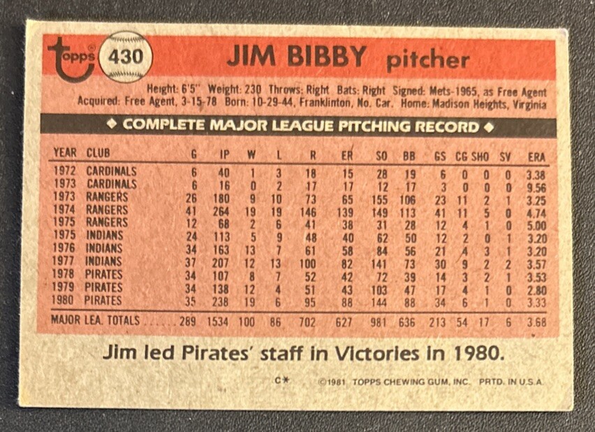 1981 Topps Jim Bibby N.L. All-Star Baseball Card #430 Pirates Pitcher ...