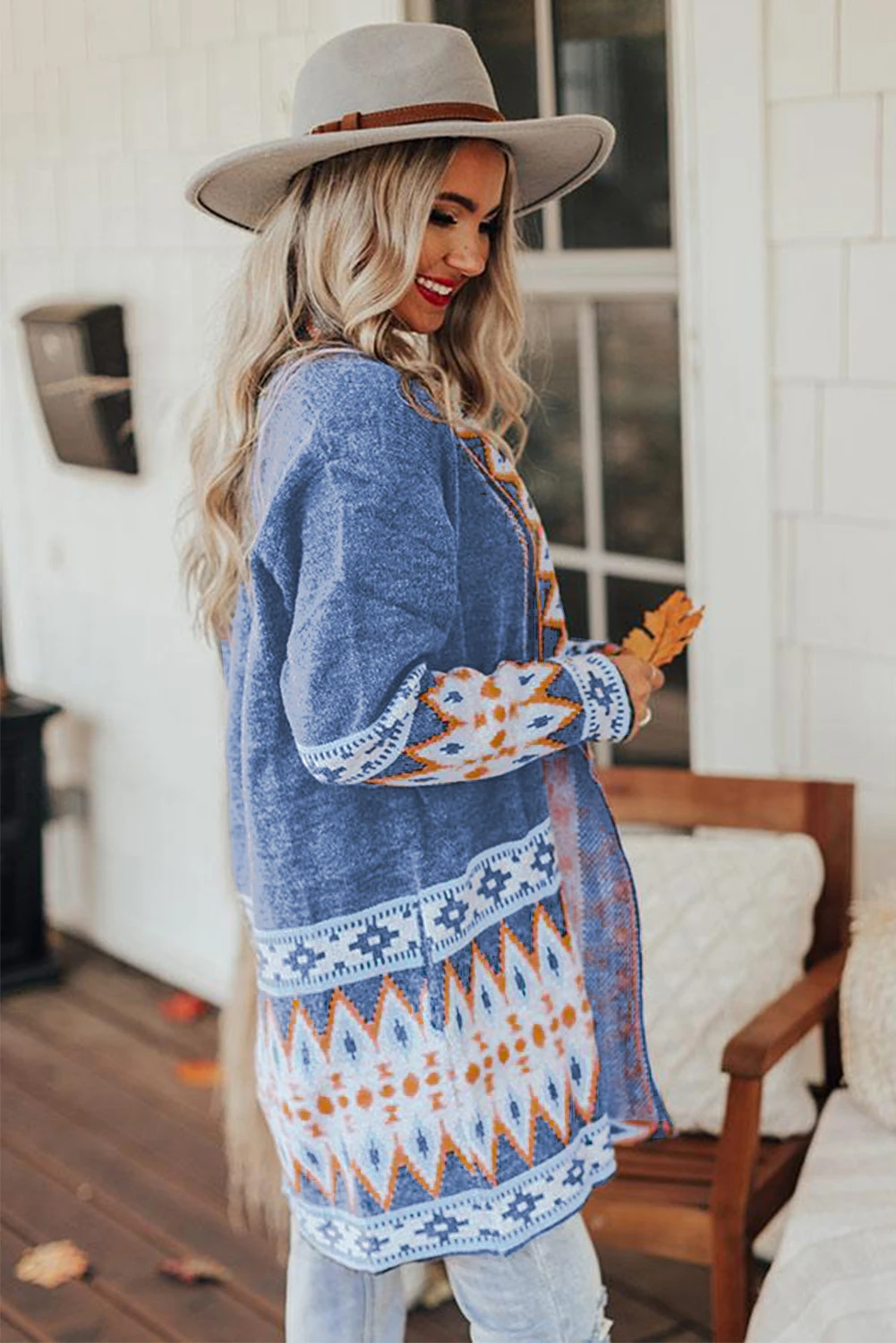 Women Blue Aztec Print Open Front Knitted Cardigan | eBay