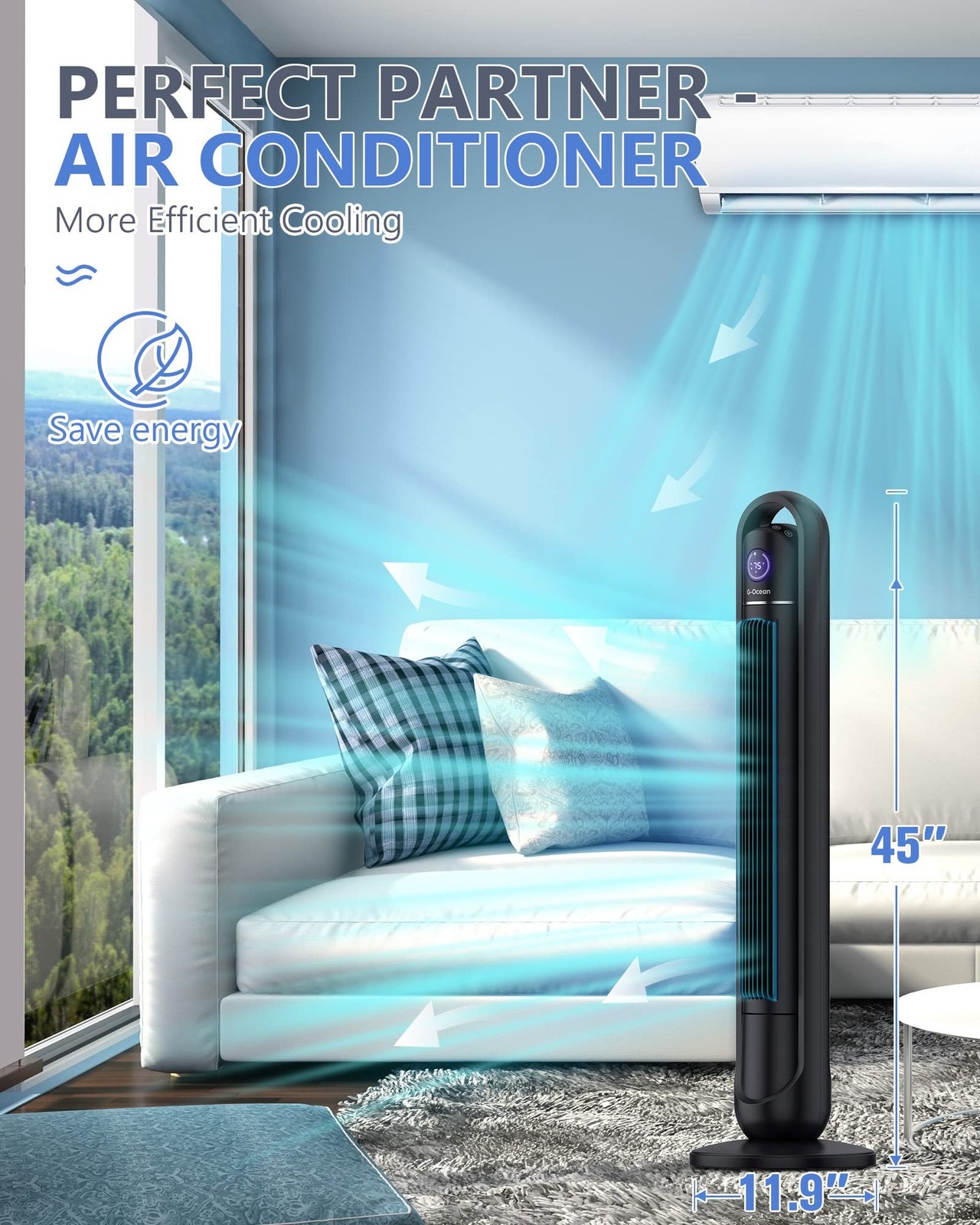Tower Fan with Remote, G-Ocean 45 Inch Oscillating Fan, Bladeless Fans ...