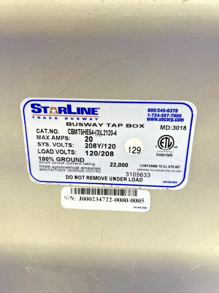 CBMT5HE54-(3)L2120-4 20Amp 208Y/120V Starline Busway Tap Box🟦 | eBay