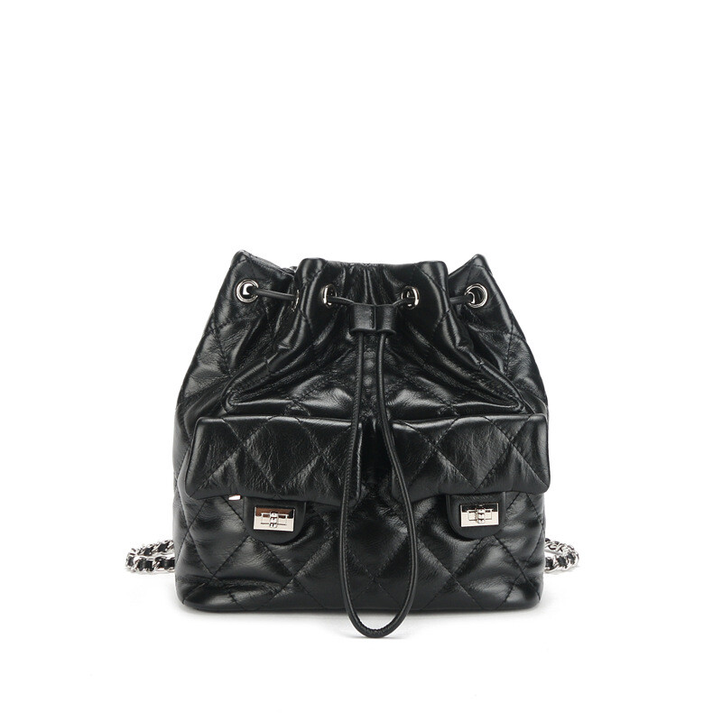 Small Mini Quilted Real Leather Drawstring Bucket Backpack Chains Purse ...