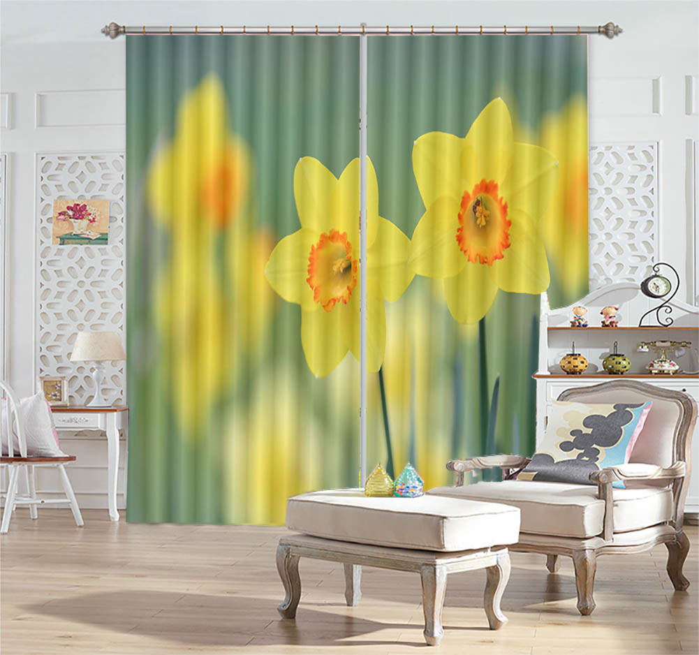 Fuzzy Yellow Flowers 3D Curtains Blockout Photo Printing Curtains Drape ...