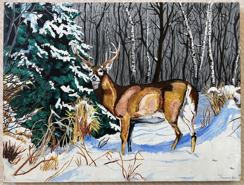 Vintage Original Oil On Canvas Painting Deer In Winter Landscape Signed ...