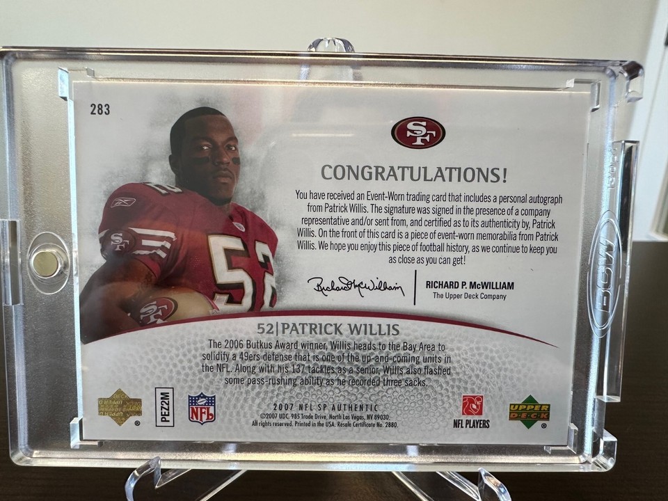 PATRICK WILLIS 2007 SP AUTHENTIC ROOKIE PATCH AUTO /725 RPA RC HOF ...