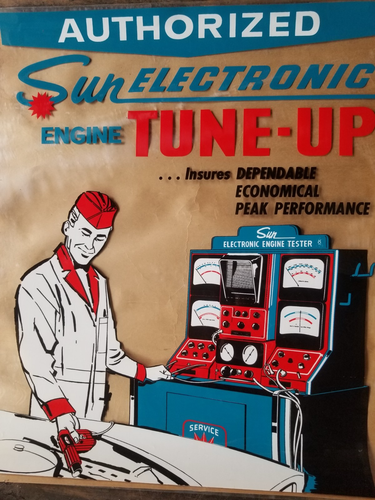 Sun engine analyzer tester decal sign gas station oil service old car ...