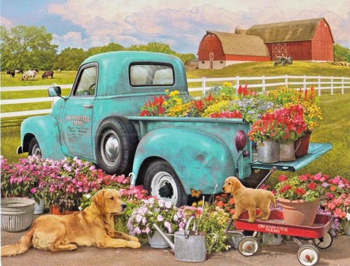 Artist: Greg Giordano Red Barn Green Truck Two Brown Dogs Blank ...