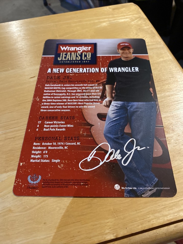 2006 Dale Earnhardt Jr Wrangler Jeans NASCAR CUP SERIES POSTCARD | eBay