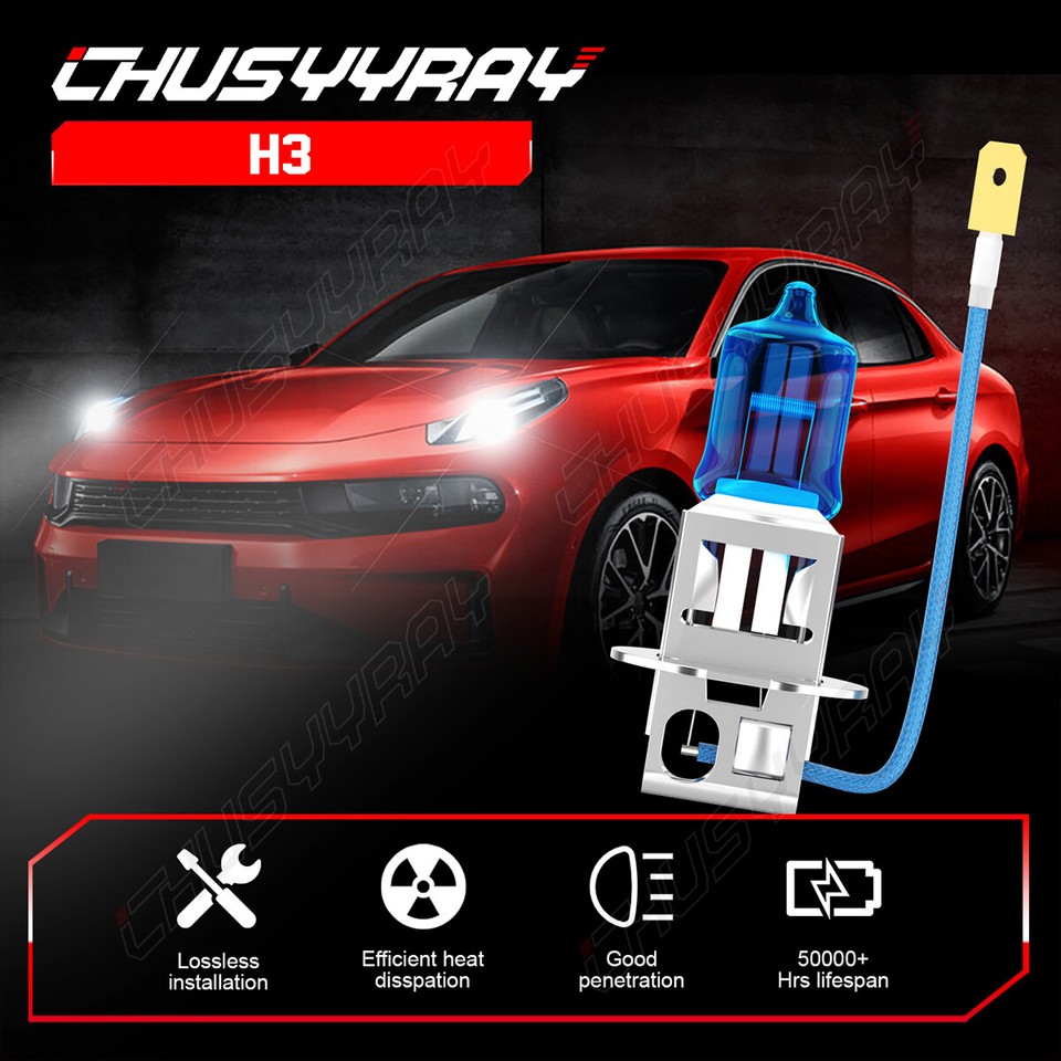 2x H3 Halogen 55W 12V Fog/Driving Light Bulbs Bright White Blue Glass ...