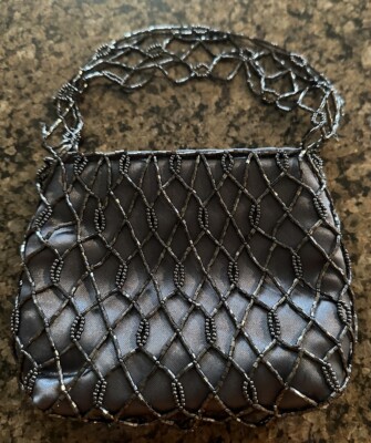 KMQ Collect Beaded Evening Bag Beaded Handle Dark Beads on Gray Satin ...