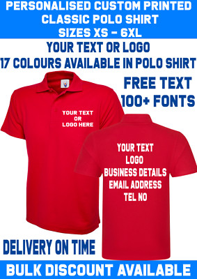 Personalised Custom Printed Classic Polo Shirt your text logo unisex ...
