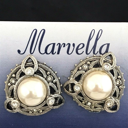 Vintage Marvella Earrings Antique Silver Tone Crystals Simulated Pearl ...