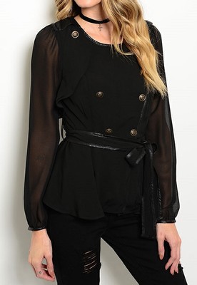 Black Double Button Front Blouse Shirt Jacket Pleather Trim Chiffon ...