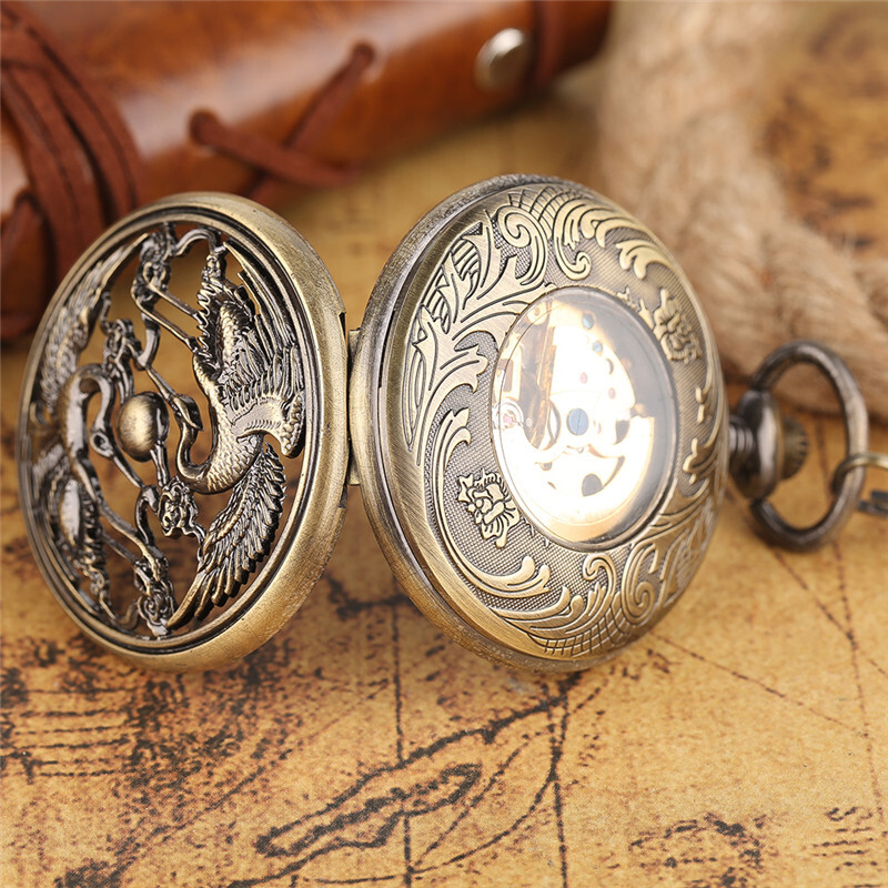 Antique Style Phoenix Automatic Skeleton Pocket Watch with Chain Men ...