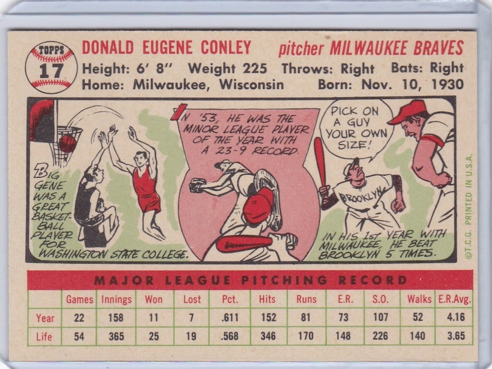 1956 Topps Baseball Card #17 Gene Conley Milwaukee Braves WB - ExMt ...