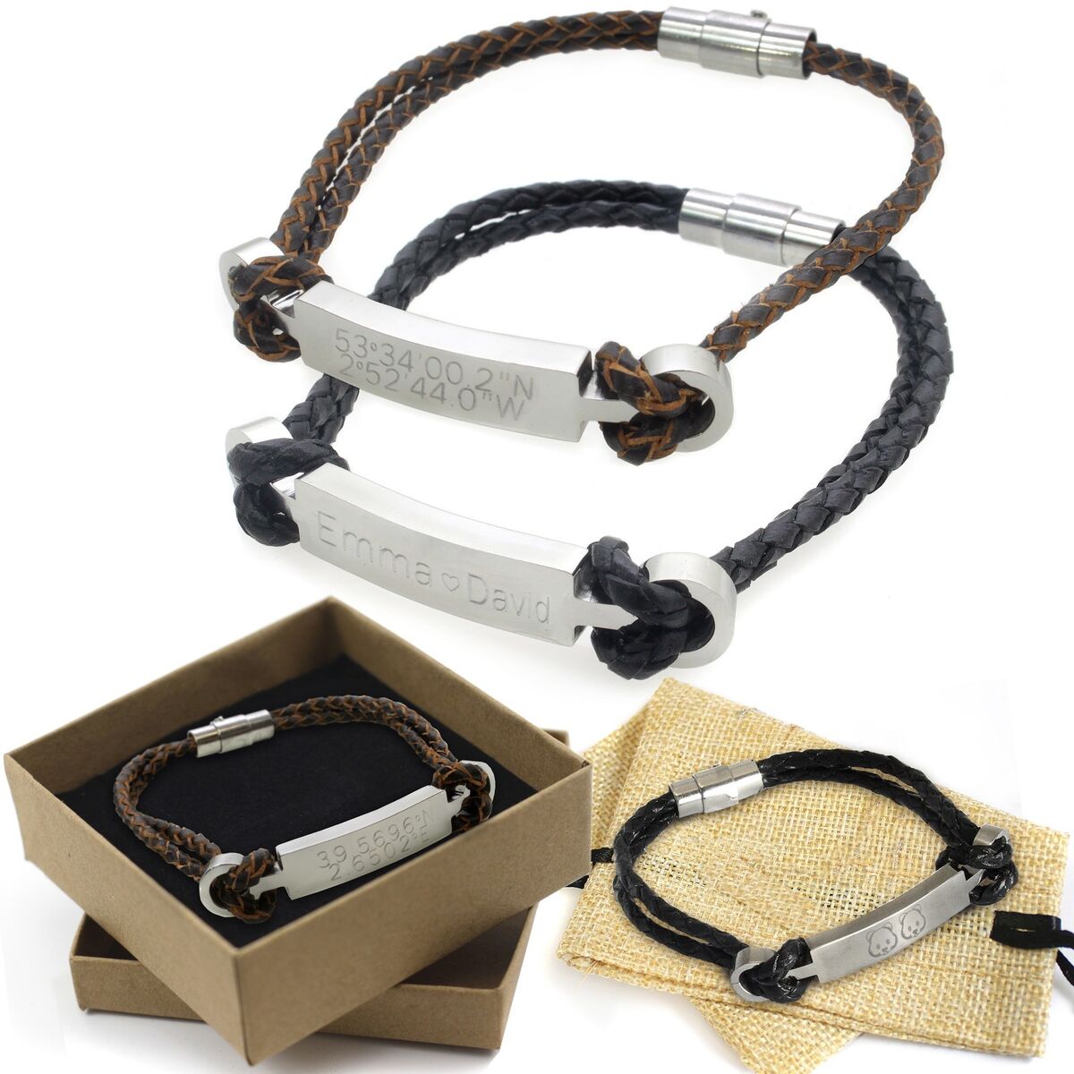 Men s Engraved Coordinates Leather Bracelet Personalised Bar Co Ordinates Box