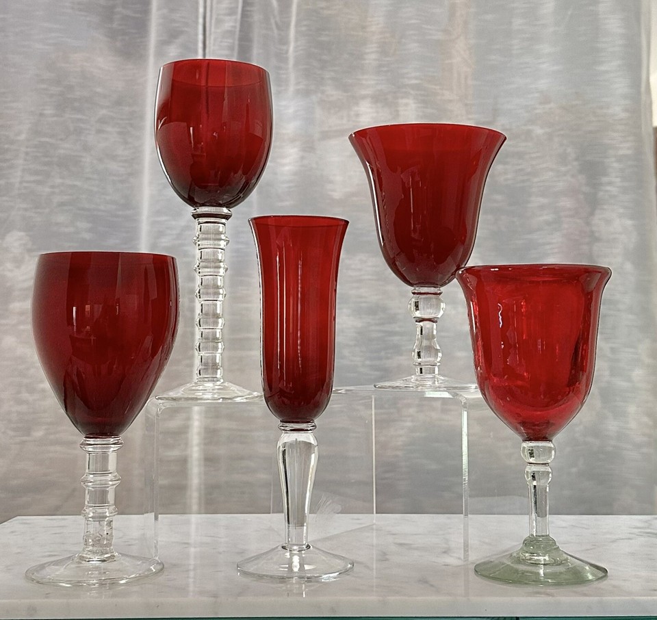 Ruby Red Water Glasses Wine Glasses Mixed Set Various Sizes and Maker ...