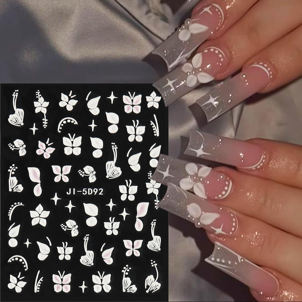 5D Embossed White Flowers Nail Stickers, 5 Sheets Self-Adhesive Floral ...
