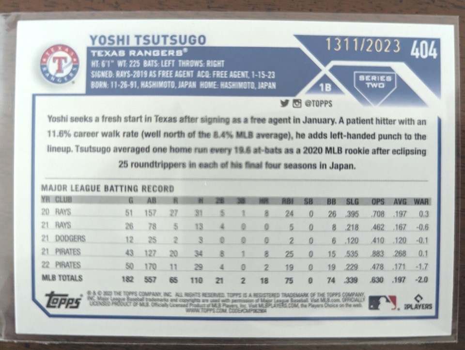 2023 YOSHI TSUTSUGO Topps Series 2 Gold /2023 Texas Rangers #404 MLB | eBay