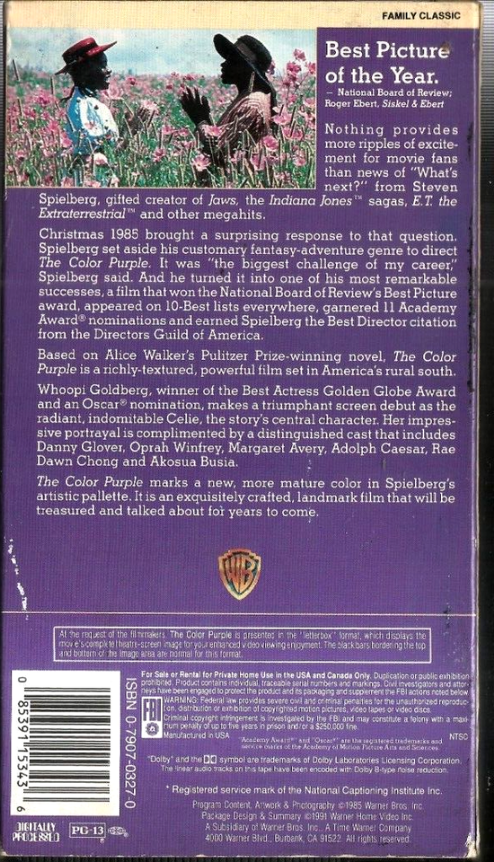 The Color Purple - VHS - 1985 - A Steven Spielberg Film - Pulitzer ...
