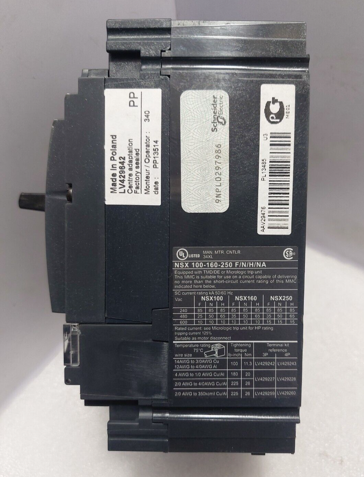 Schneider Electric NSX100F Circuit Breaker Ui 800V Uimp 8kV TM63D 500A ...