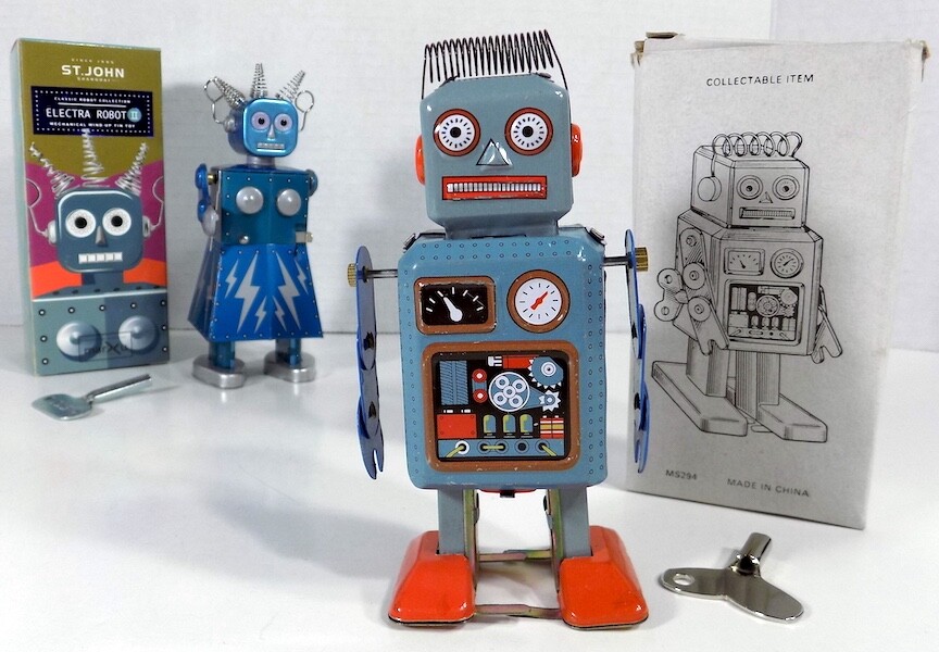 Electra Robot and her High Stress robot friend 2 tin toy walking wind ...