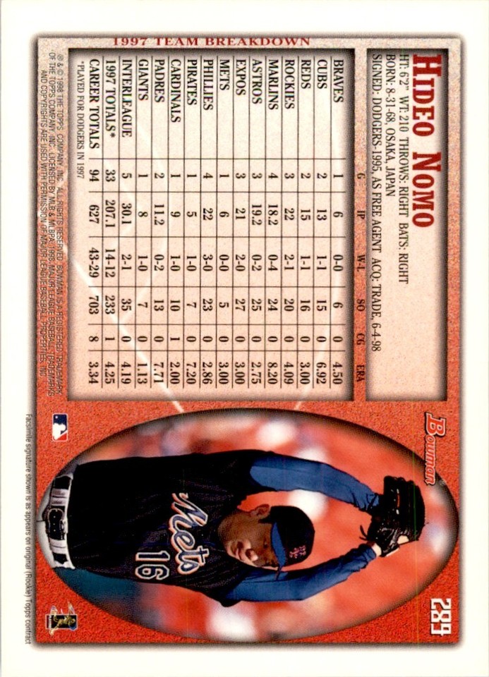 1998 Bowman Hideo Nomo . New York Mets #289 | eBay