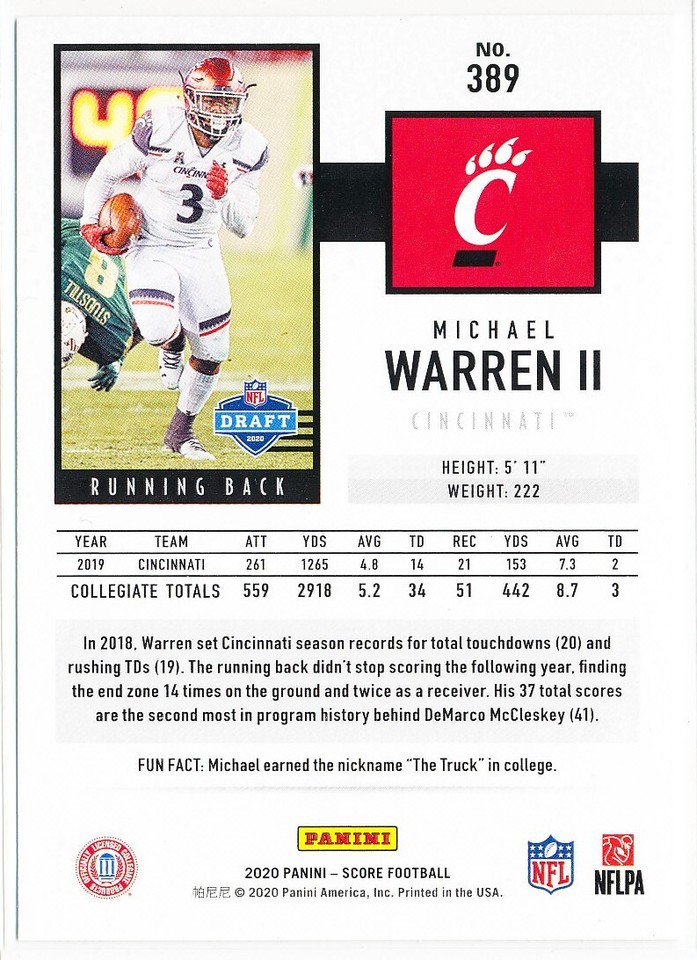 2020 Panini Score Football Michael Warren II #389 Cincinnati Bearcats ROOKIE | eBay