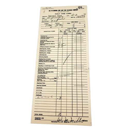Pittsburgh Lake Erie Railroad Co Daily Time Card Gateway Yard Ephemera ...