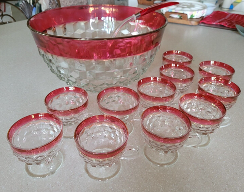 Vintage (Indiana?) Glass Ruby Red Punch Bowl With 11 footed Cups Cube ...