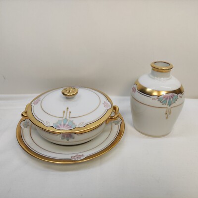 W.A.Pickard Hand Painted Gold Trim Art Deco Covered Bowl &Underplate ...