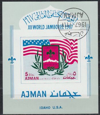 Ajman 1967 used Bl.15 Bx Flagge Flags USA Jamboree Emblem Pfadfinder ...