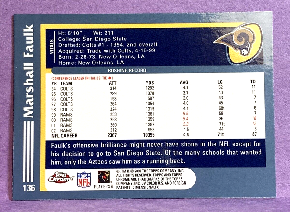 2003 Topps Chrome MARSHALL FAULK Card #136 Rams | eBay