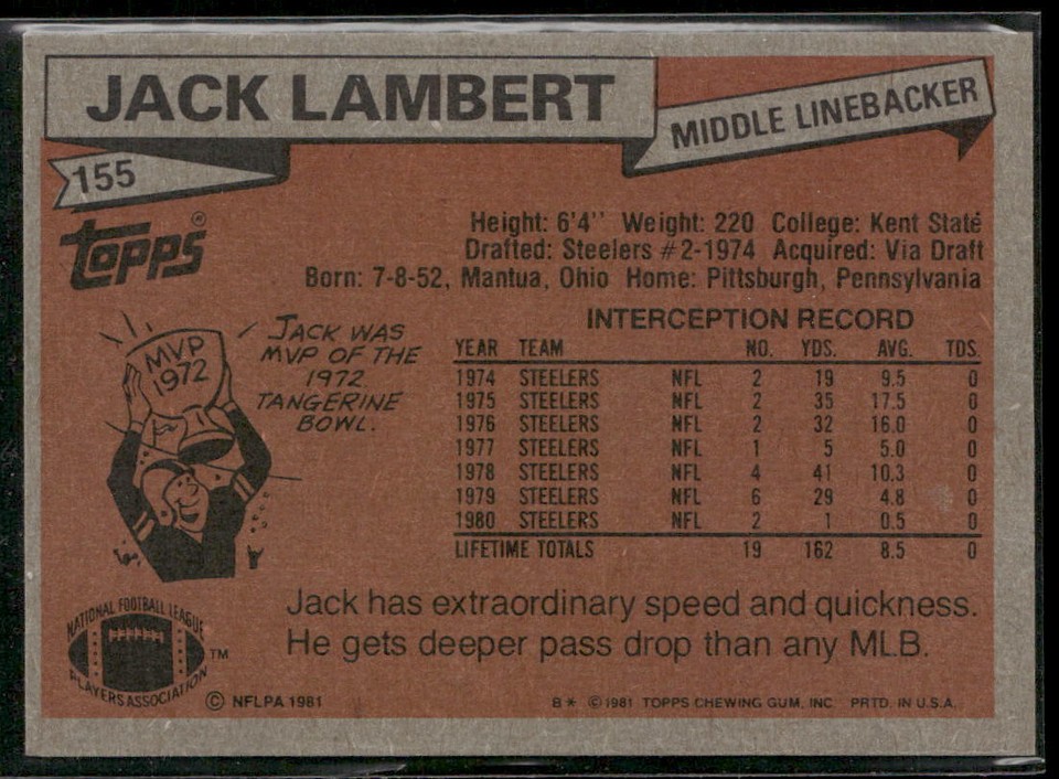Jack Lambert 1981 Topps #155 Pittsburgh Steelers Football Card | eBay