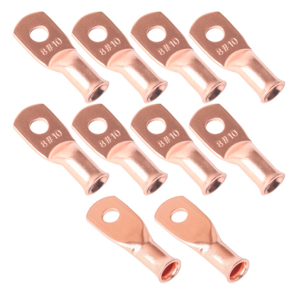 8× Wire Ring Terminal Bare Copper Cable Lug Gauge 8 AWG #10 Connectors ...