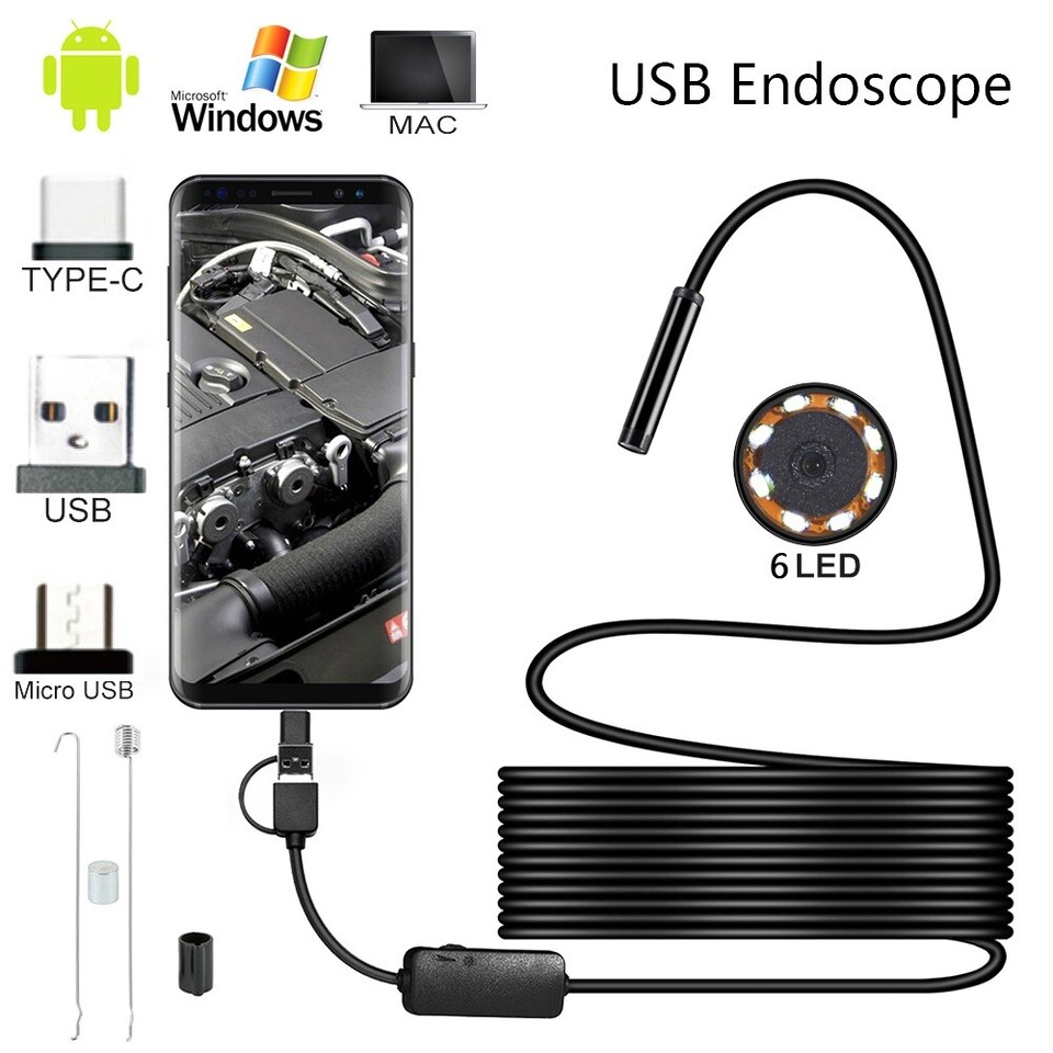 3FT 6LEDS USB Camera Scope Snake Endoscope Borescope 7mm Inspection For ...