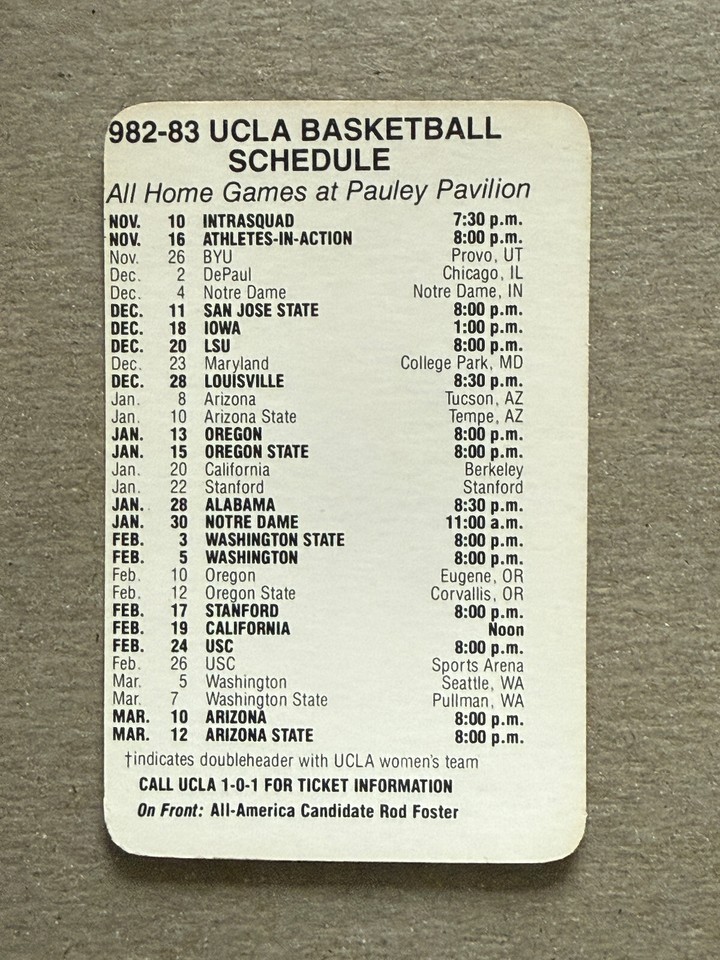 CBK 1982-83 UCLA BRUINS Basketball Schedule Card College ROD FOSTER | eBay