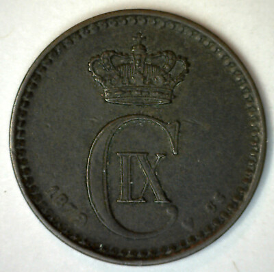 1879 Denmark 1 One Ore Bronze VF Coin Christian IX Crowned Monogram ...