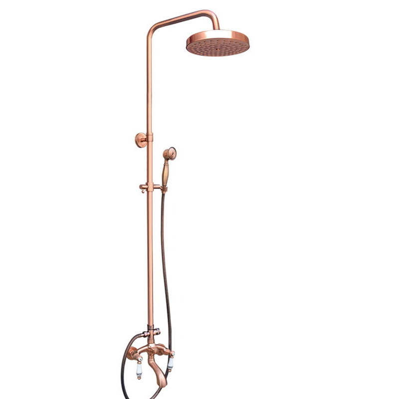 Antique Red Copper Bathroom Round Rainfall Shower Faucet Set Mixer Tap ...