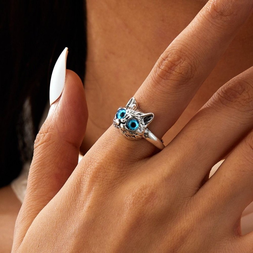 Silver Color Cat Blue Eyes Ring Luxury Couple Ring Gifts Finger Rings ...