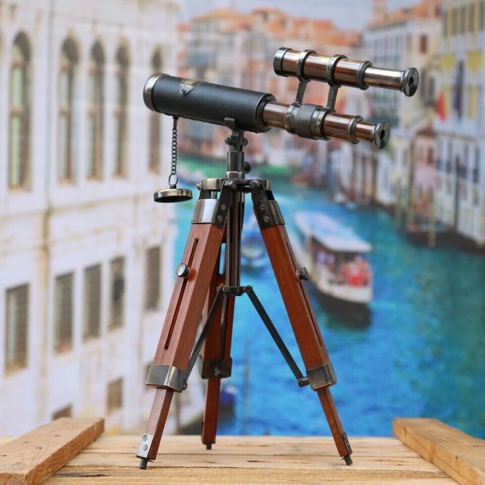 “Antique Brass Double-Barrel Telescope with Vintage Tripod Stand ...