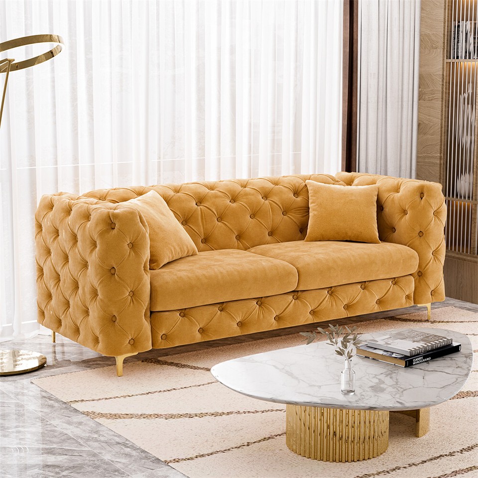 Modern Tufted Velvet Upholstered Couch Velour Casual Big Comfy Sofa w ...