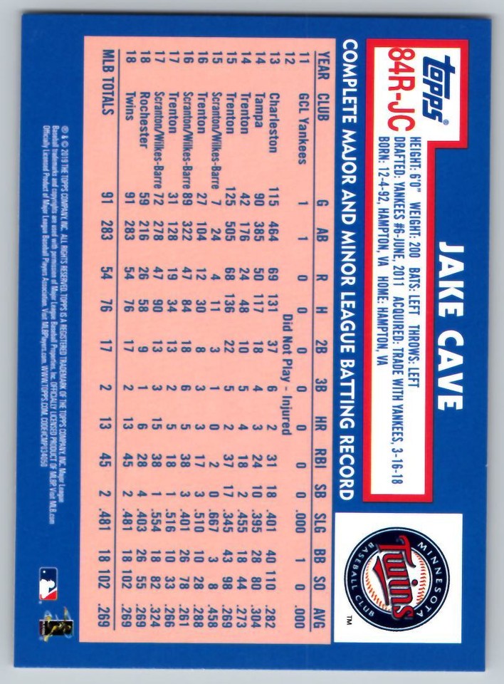 2019 Topps #84R-JC Jake Cave Minnesota Twins Rookie | eBay