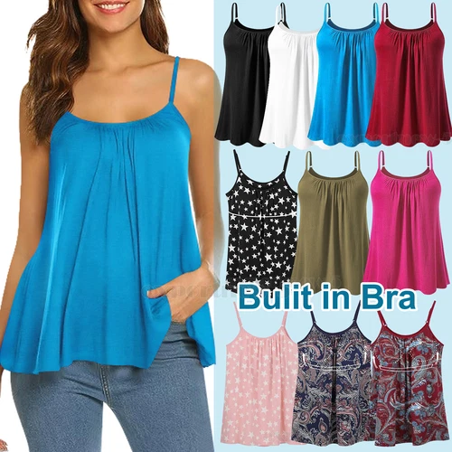 Womens Summer Camisole with Built in Bra Flowy Tank Top Loose Fit ...