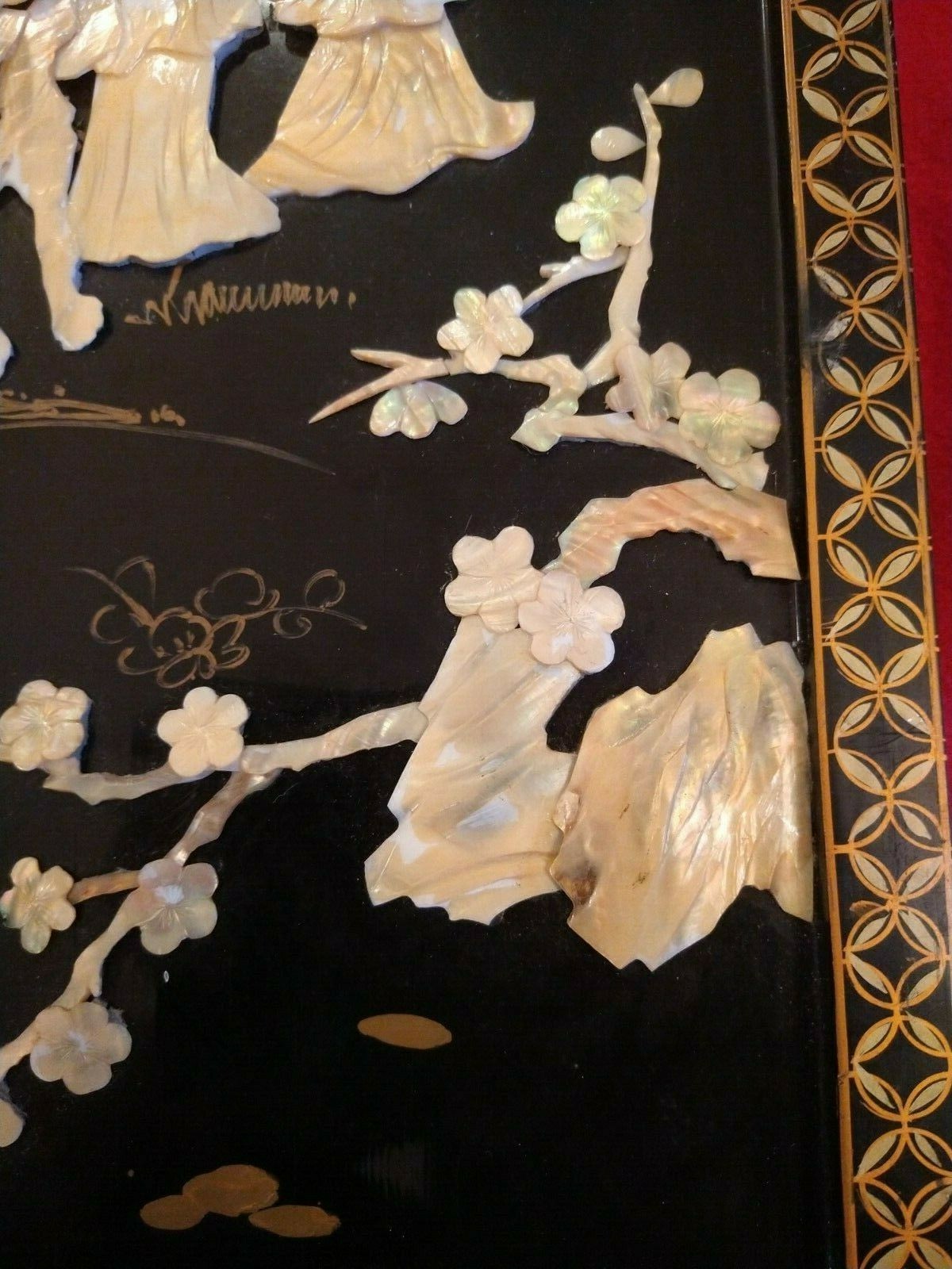 Asian Art Black Lacquer Mother Of Pearl Wall Art Geisha Calligraphy Excellent Ebay