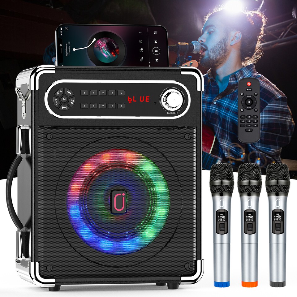 Speaker with 3 UHF Microphones Party Karaoke Machine with LED Flash ...
