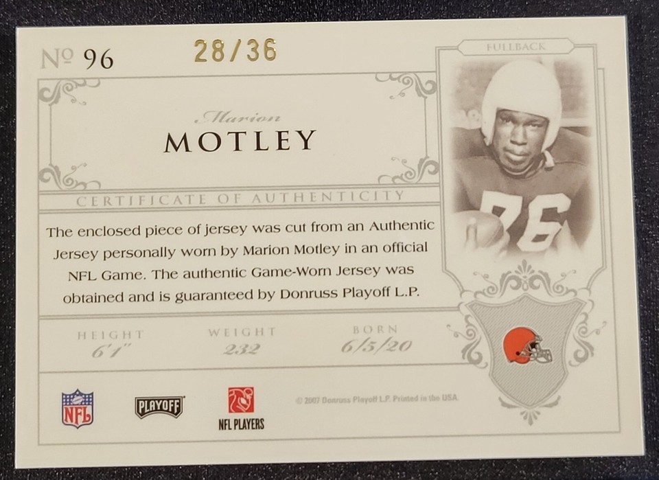 Marion Motley 2011 National Treasures #96 Authentic 2-Color Patch 28/36 ...