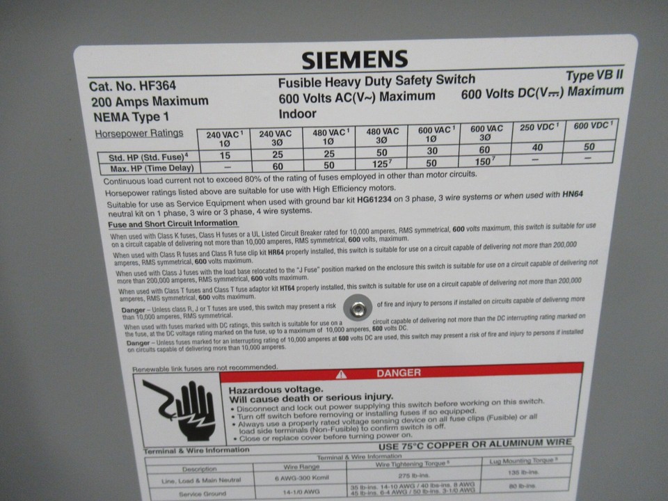 Siemens HF364 Disconnect 200 Amp 600 Volt 3P3W Fusible Heavy Duty ...