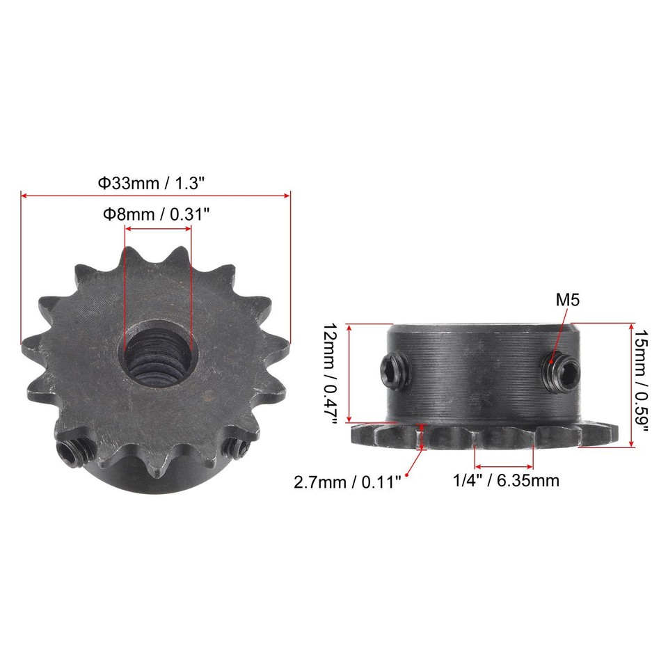 15 Teeth Sprocket 1/4" Pitch, 8mm Bore Carbon Steel with Set Screws | eBay