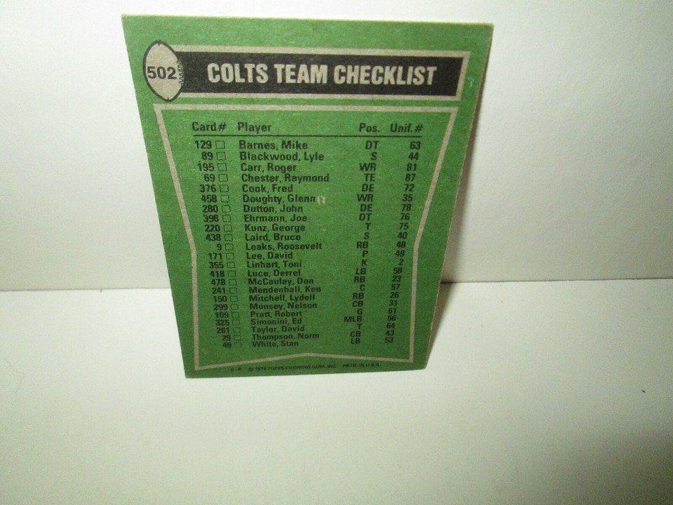 1977 BALTIMORE COLTS TEAM LEADERS CHECKLIST 1978 CARD #502 rare ...